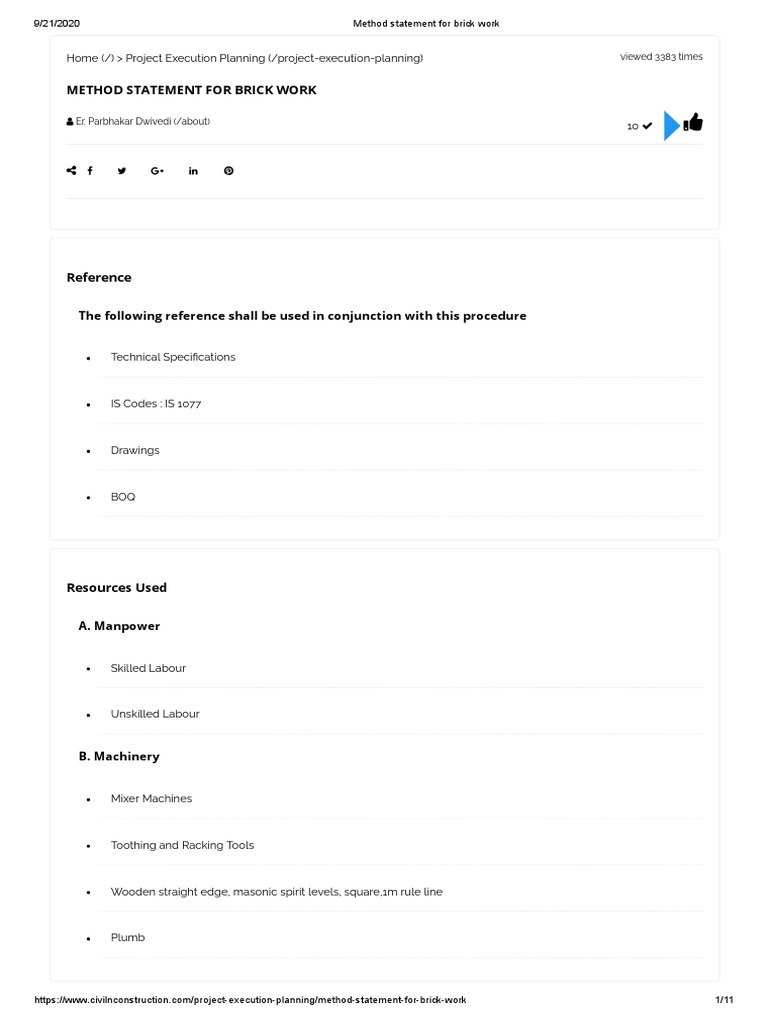 Brickwork Method Statement Guide | PDF | Brick | Civil Engineering