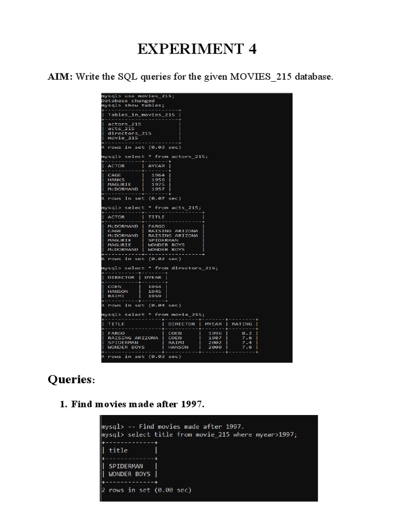 Experiment 4: AIM: Write The SQL Queries For The Given MOVIES - 215 Database | PDF
