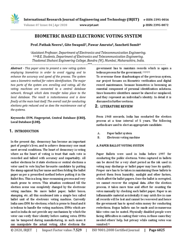 Biometric Based Electronic Voting System: International Research ...