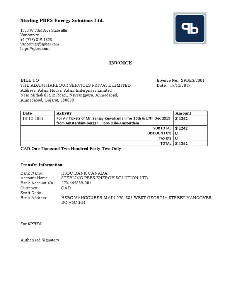 Sterling PBES Energy Solutions LTD.: Bill To Invoice No.: SPBES/2001 ...