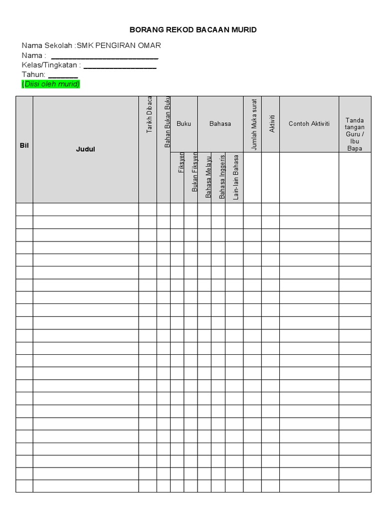 Borang Rekod Bacaan Murid | PDF