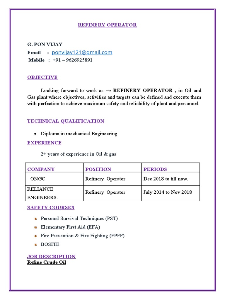 Experienced Refinery Operator CV | PDF | Oil Refinery | Business