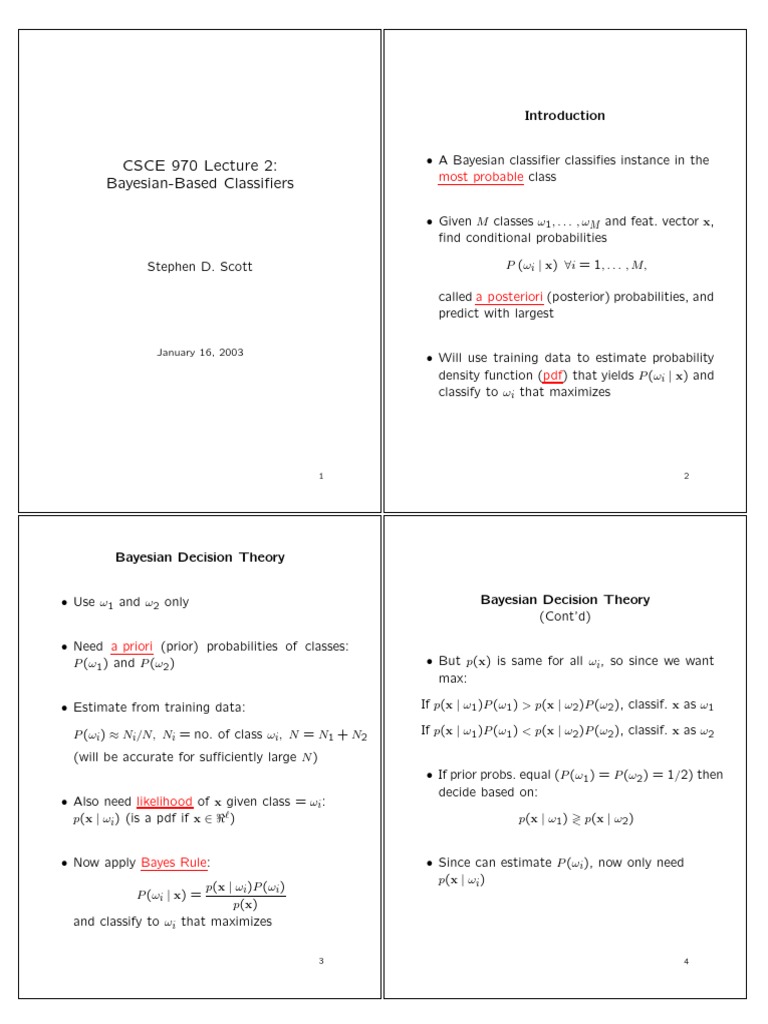 Csce 970 Lecture 2 Bayesian Based Classifiers Most Probable Pdf Bayesian Inference