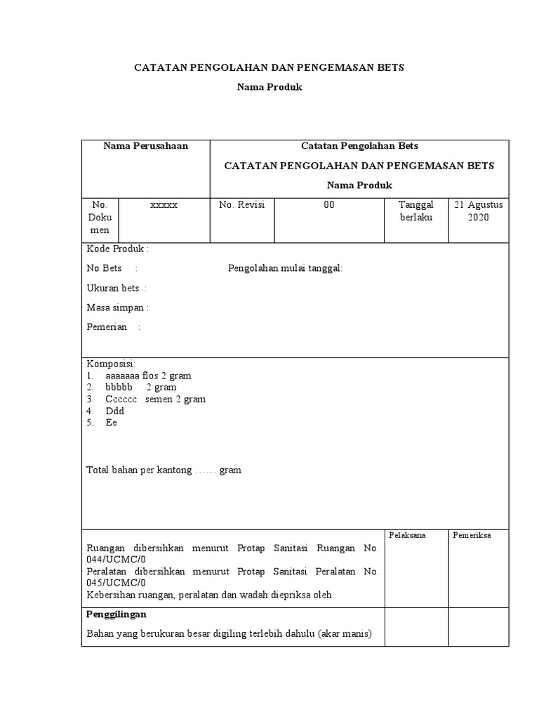 Catatan Pengolahan Dan Pengemasan Bets | PDF