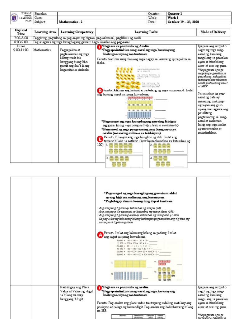 WHLP Grade 2 Mathematics - Week 1 | PDF