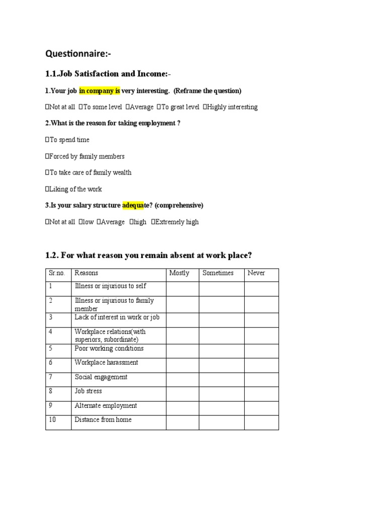 Job Satisfaction and Absenteeism Survey | PDF