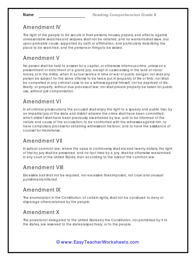 Amendment IV: Reading Comprehension Grade 8 | PDF