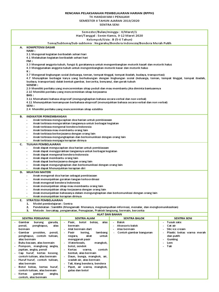 RPPH Sentra Seni untuk TK 5-6 Tahun | PDF