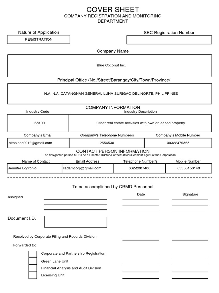 Company Registration Cover Sheet Template | PDF