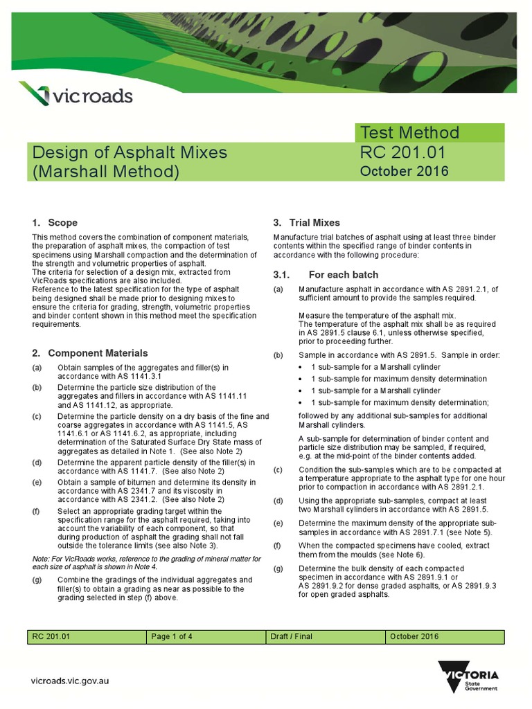 Test Method RC 20101 Design of Asphalt Mixes Marshall Method | PDF ...