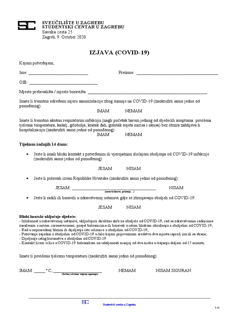 Izjava Covid 19 | PDF