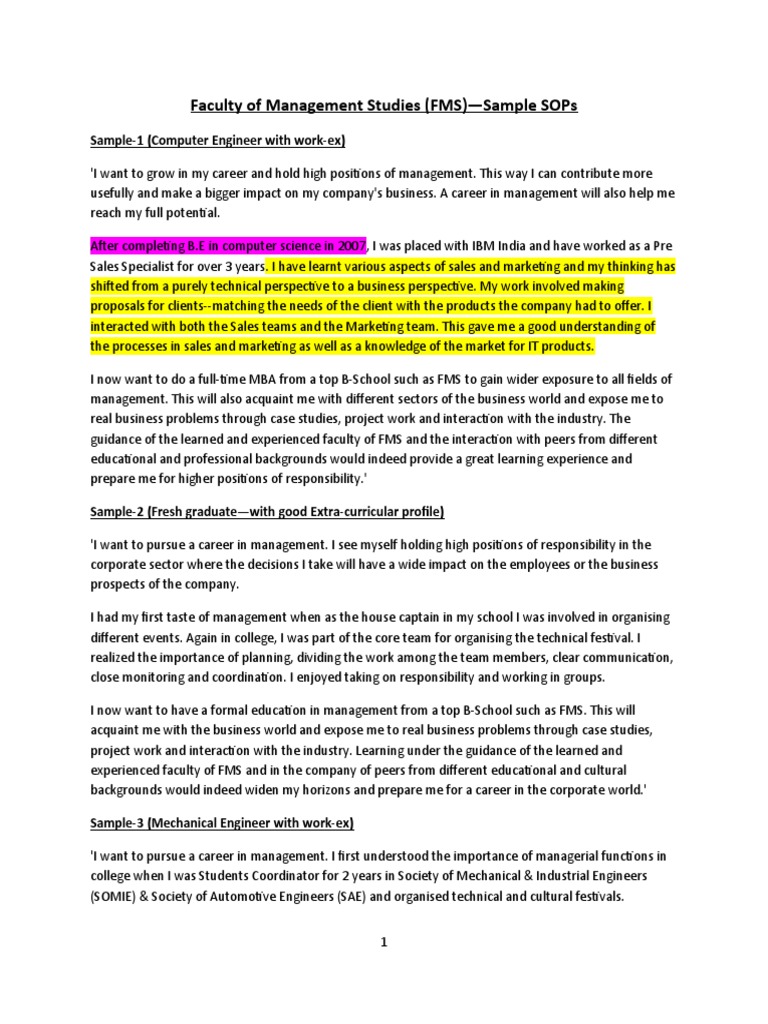 Faculty of Management Studies (FMS) - Sample Sops: Sample-1 (Computer ...