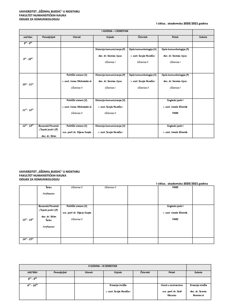 Odsjek Za Komunikologiju Raspored Nastave | PDF