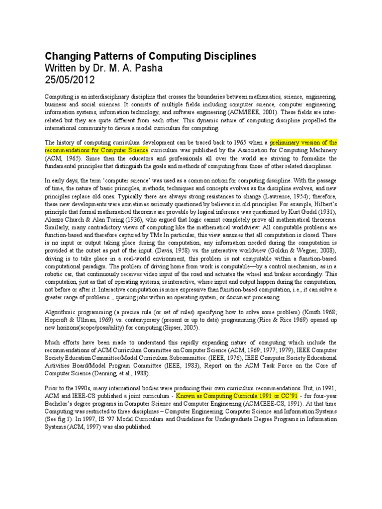 Written by Dr. M. A. Pasha 25/05/2012: Changing Patterns of Computing Disciplines | Download ...