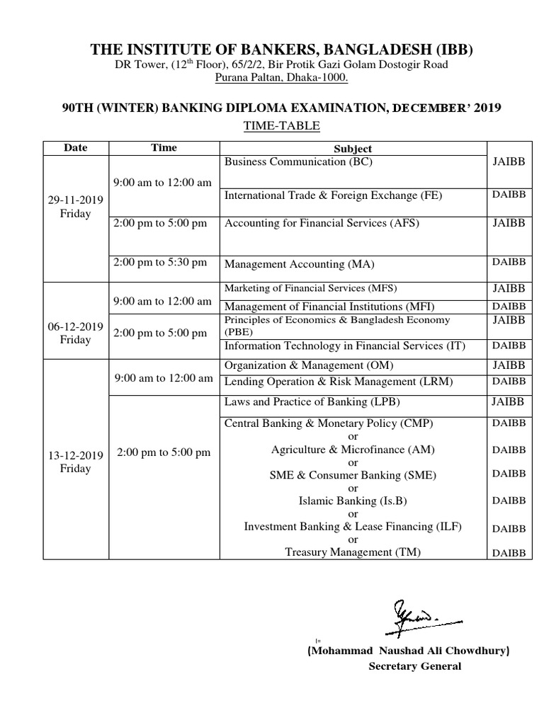 90th BD Exam Time Table PDF | PDF | Microfinance | Banks