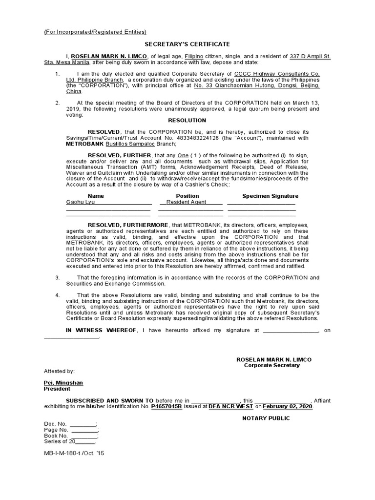 Sec Cert For Metrobank-Ph | PDF | Justice | Crime & Violence