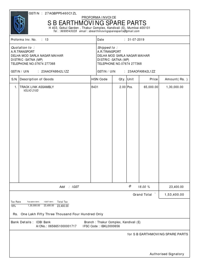S B Earthmoving Spare Parts: Quotation To: Shipped To | PDF