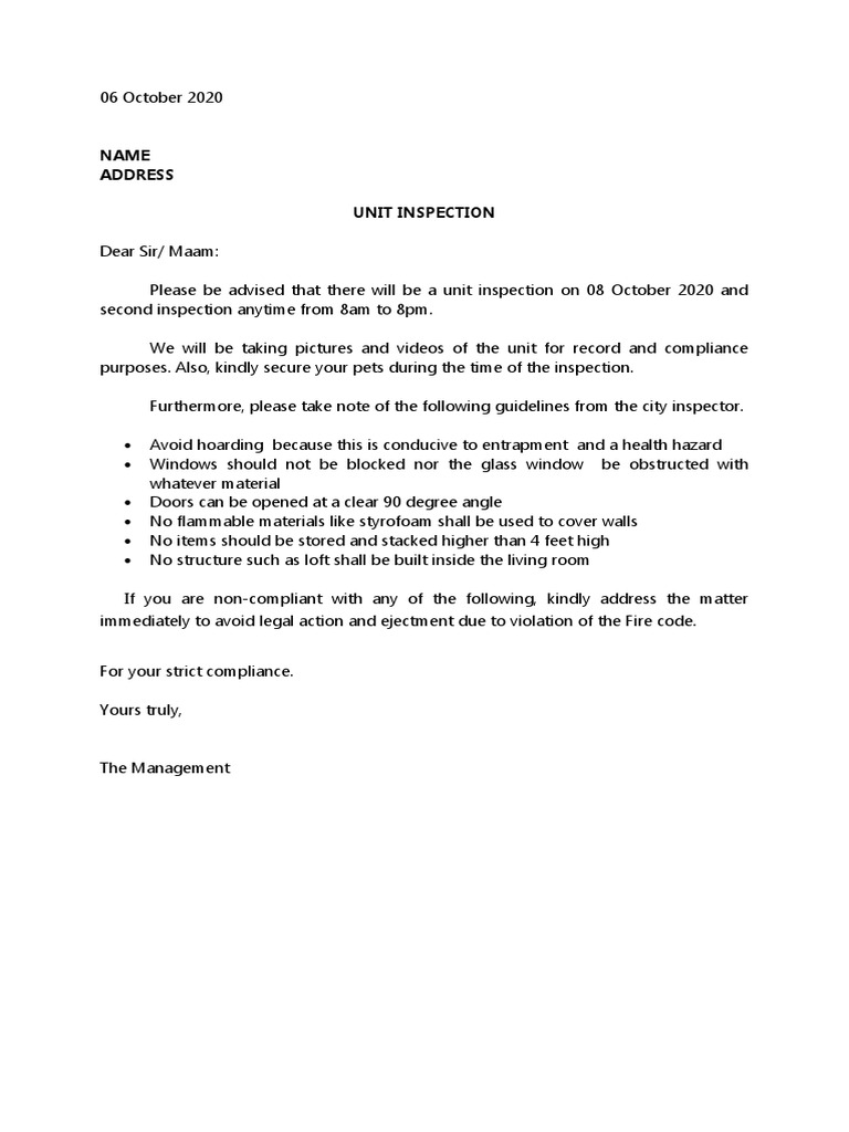 Upcoming Unit Inspection Notice on October 8 | PDF