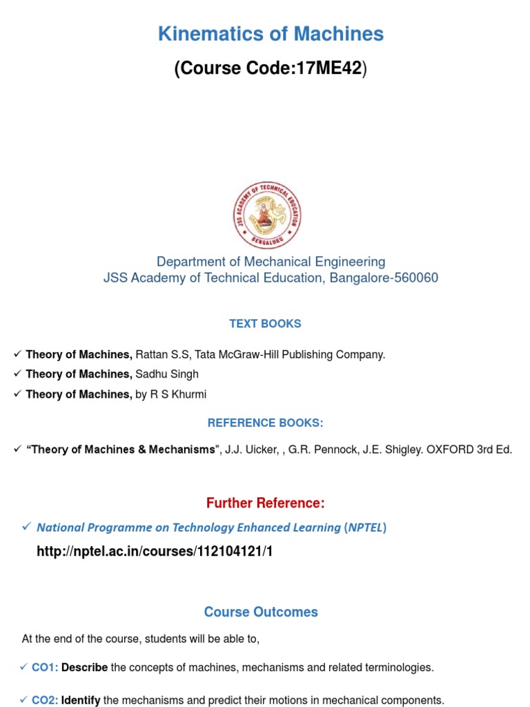 Kinematics of Machines: (Course Code:17ME42) | PDF | Machines | Kinematics