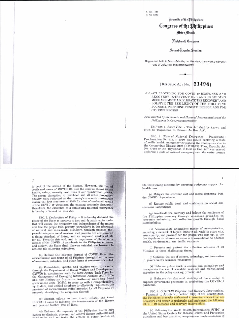 RA 11494 - Bayanihan To Recover As One Act Dated 11 Sept 2020 | PDF ...