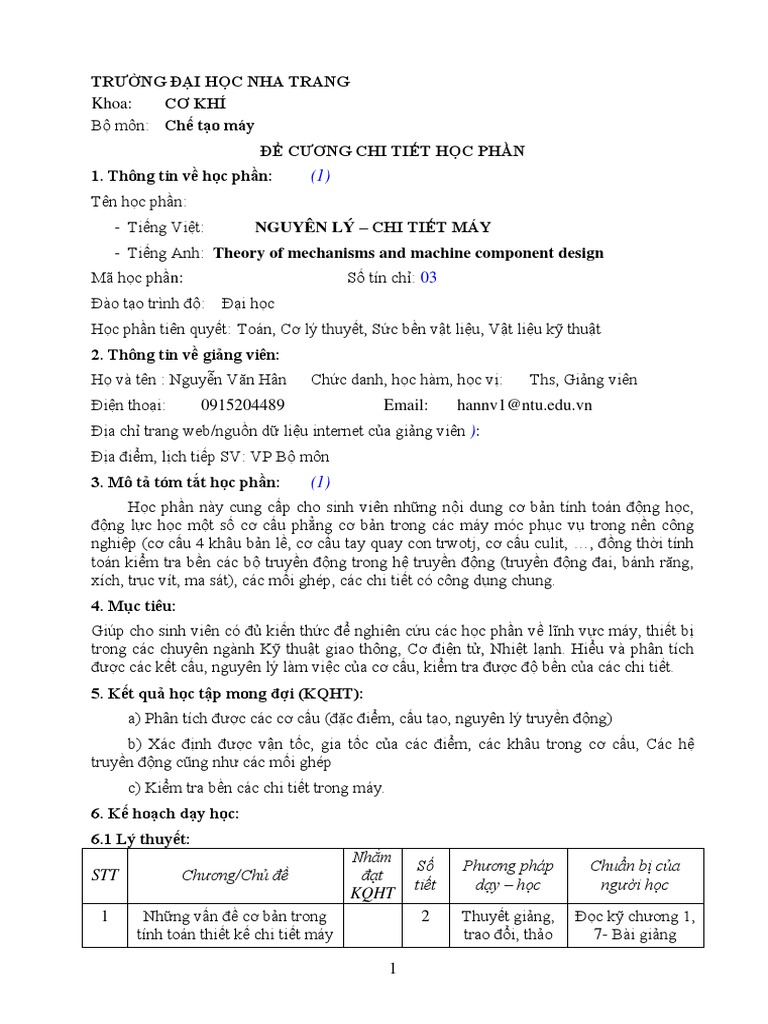 De Cuong Chi Tiet HP - Nguyen Ly - Chi Tiet May (3TC) | PDF