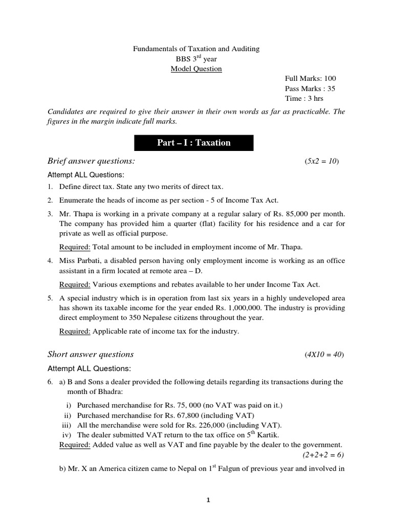 Model Questions Fundamentals of Taxation and Auditing BBS 3rd Year PDF ...