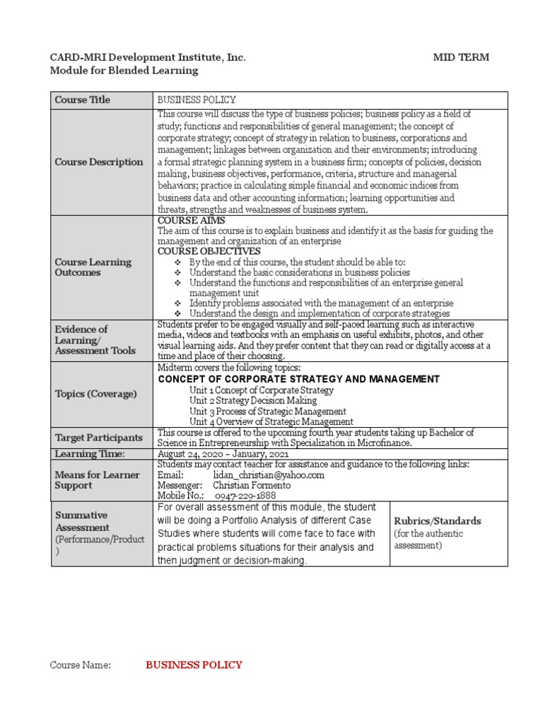 CARD-MRI Development Institute, Inc. Mid Term Module For Blended Learning | PDF | Strategic ...