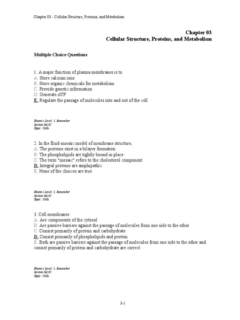 Cellular Structure, Proteins, and Metabolism: Multiple Choice Questions ...