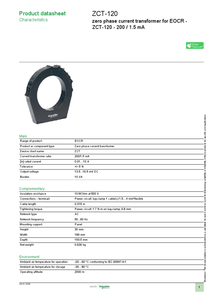 Product Datasheet: Zero Phase Current Transformer For EOCR - ZCT-120 ...
