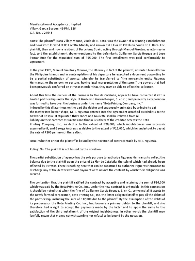 Agency - Manifestation of Acceptance Implied - Labador, Romeo Jr. | PDF ...