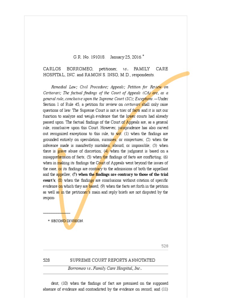 Borromeo v. Family Care Hospital Case | PDF | Justice | Crime & Violence