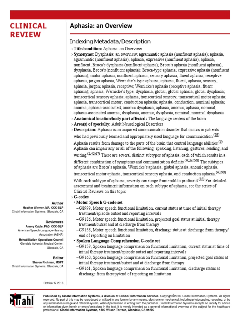Clinical Review: Aphasia: An Overview | PDF | Aphasia | Speech