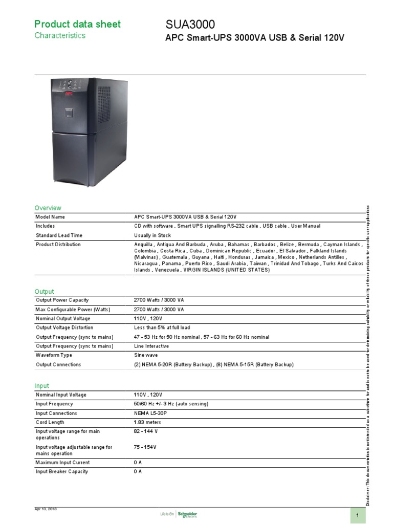 Product Data Sheet: APC Smart-UPS 3000VA USB & Serial 120V | PDF ...