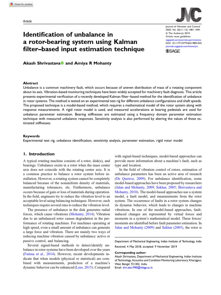 2020 Identification of Unbalance in A Rotor-Bearing System Using Kalman Filter-Based Input ...