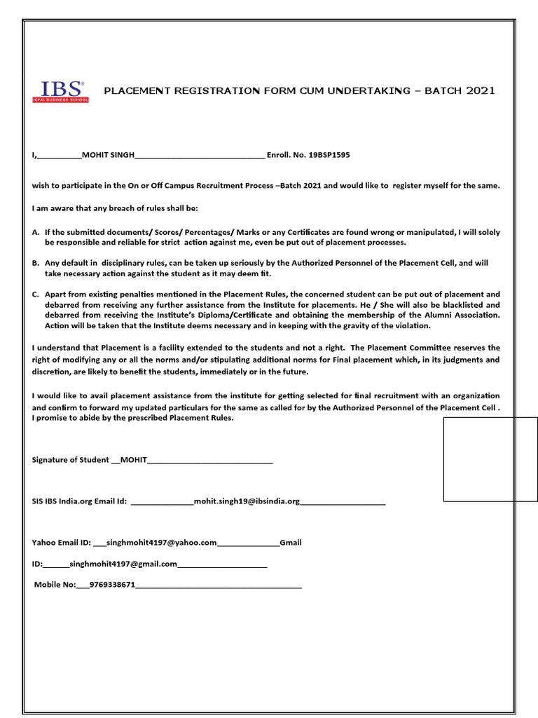 Registration and Undertaking Form for Students Seeking Placement ...