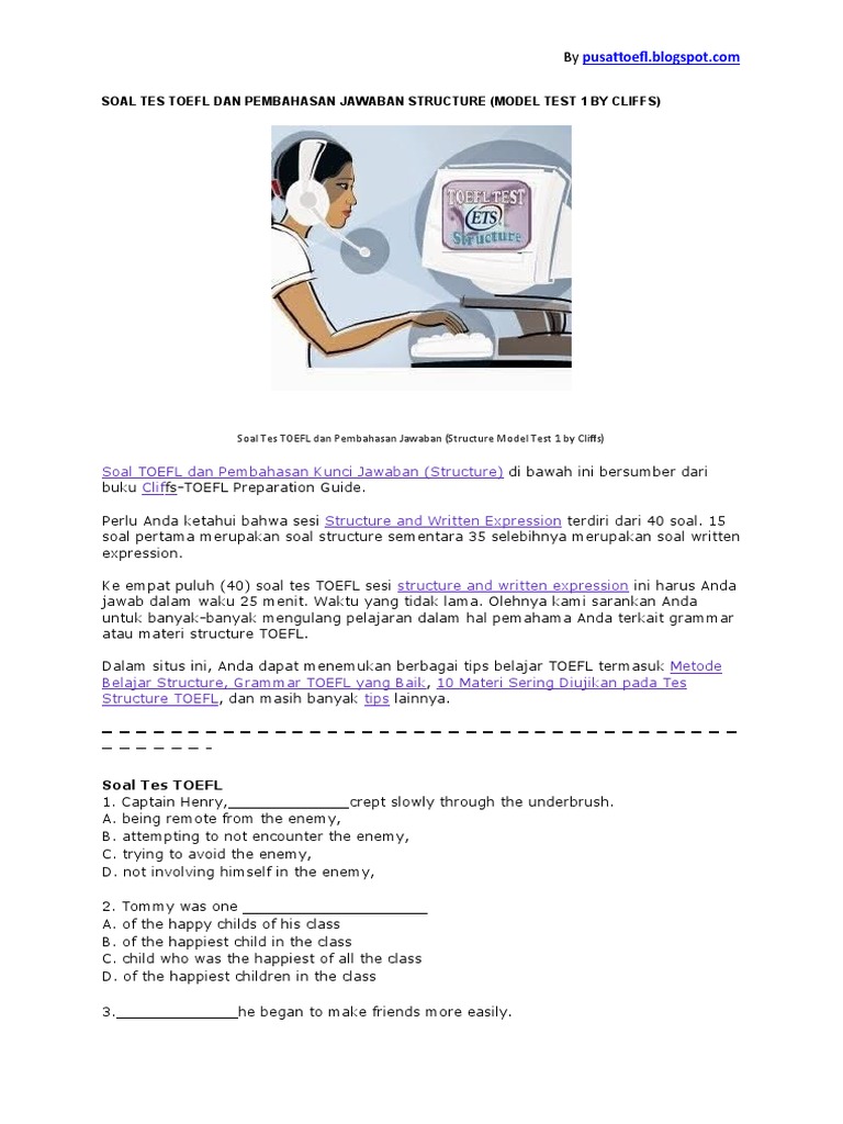 Soal Tes Toefl Dan Pembahasan Jawaban Structure (Model Test 1 by Cliffs ...
