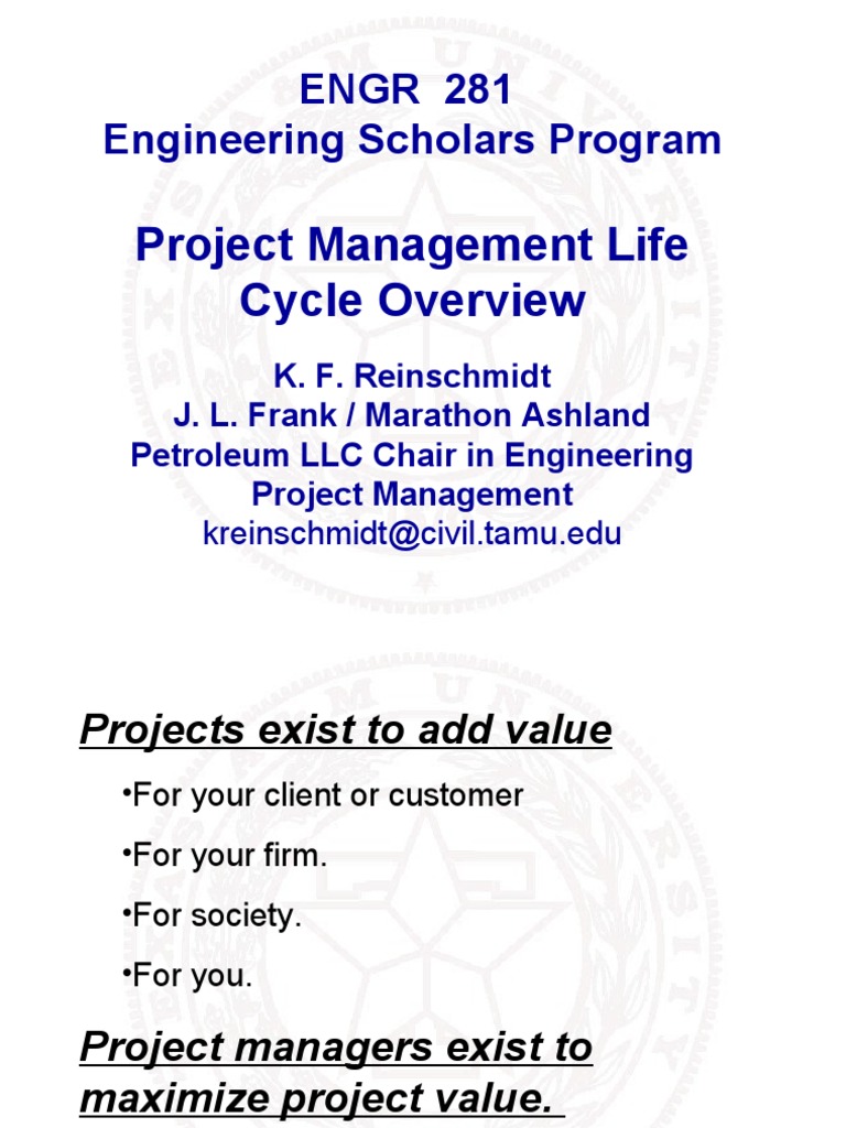 ENGR 281 Engineering Scholars Program: Project Management Life Cycle Overview | PDF | Project ...
