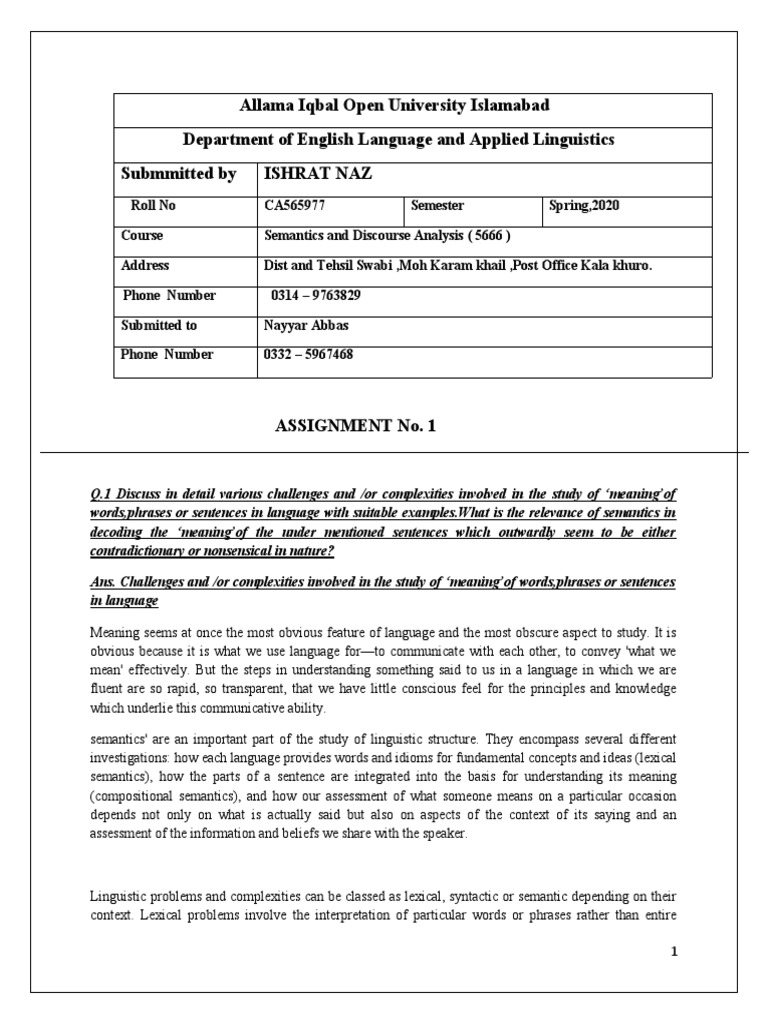 5666 Aiou 1st Semantics and Discourse Analysis | PDF | Second Language | Semantics