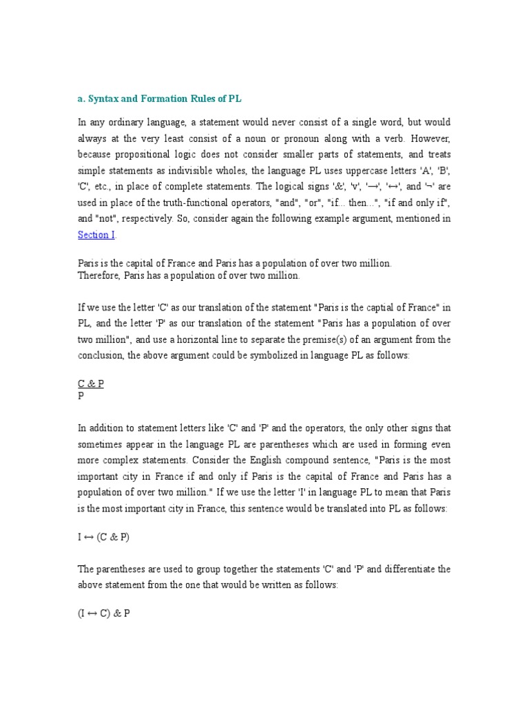A Syntax And Formation Rules Of Pl Section I Pdf Syntax Logic Metalogic 