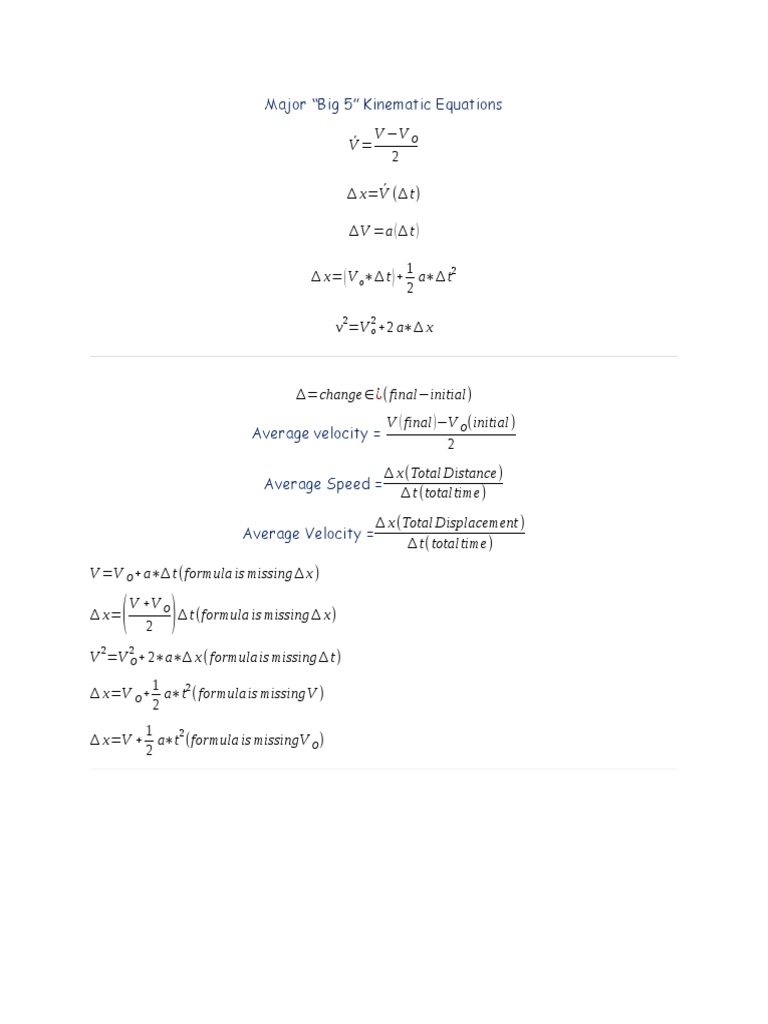 Major "Big 5" Kinematic Equations | PDF