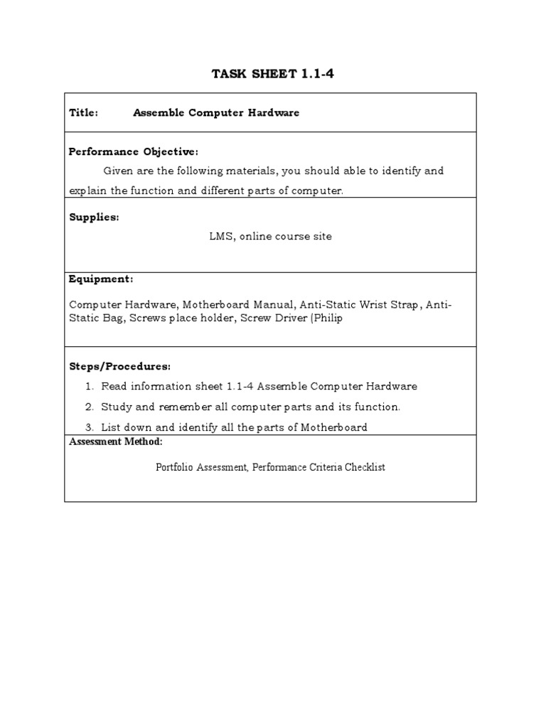 Task Sheet 1.1-4: Title: Assemble Computer Hardware | PDF | Computers