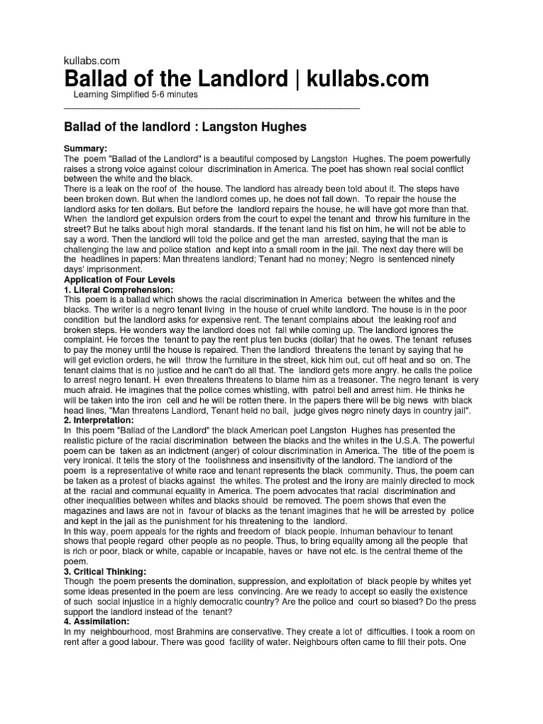 Analysis of Hughes' Ballad of the Landlord | PDF | Landlord | Black People