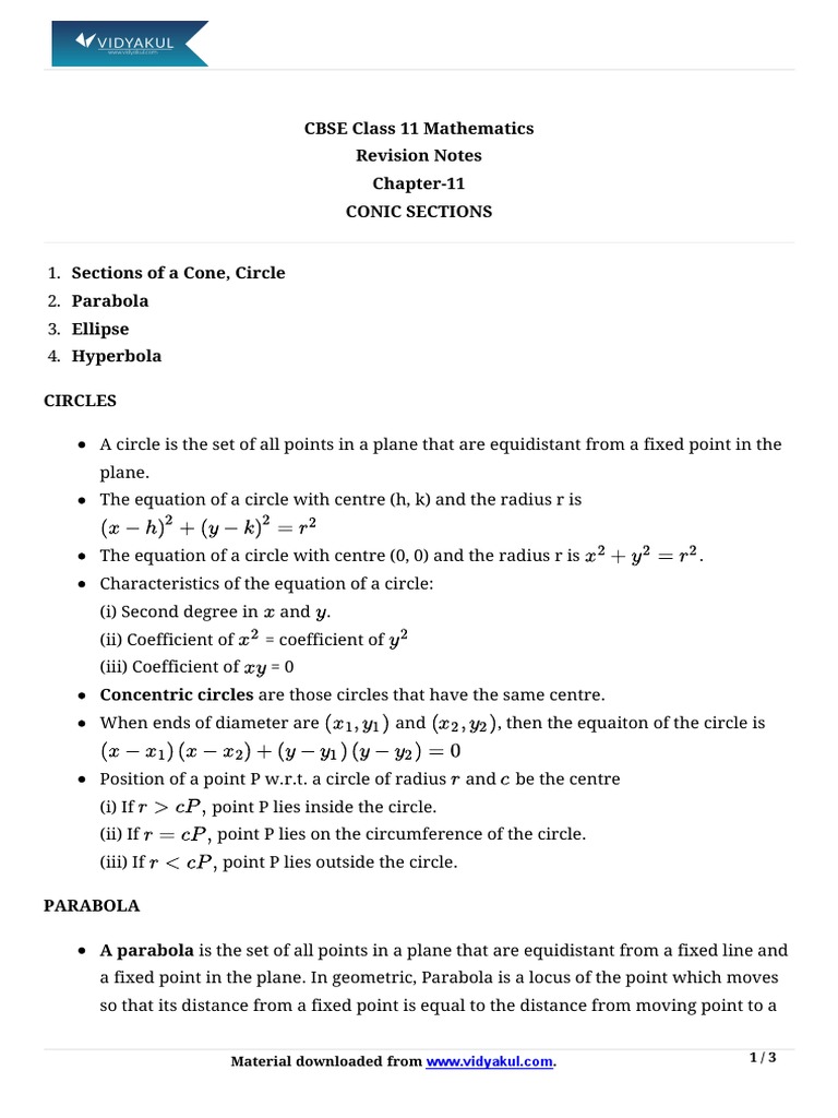 CBSE Class 11 Mathematics Revision Notes Chapter-11 Conic Sections ...