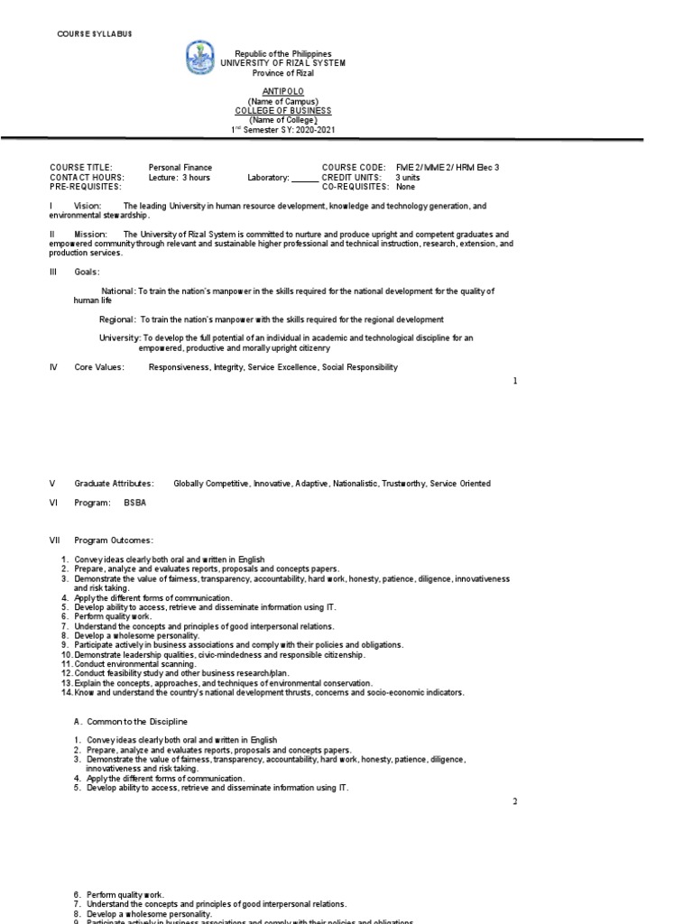Syllabus Personal Finance | PDF | Credit | Finance & Money Management