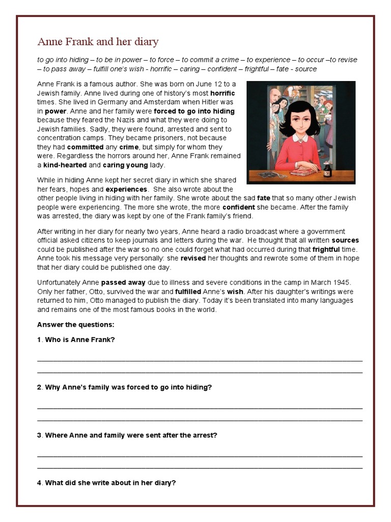 Anne Frank and Her Diary Reading Comprehension Exercises - 113434 | PDF ...