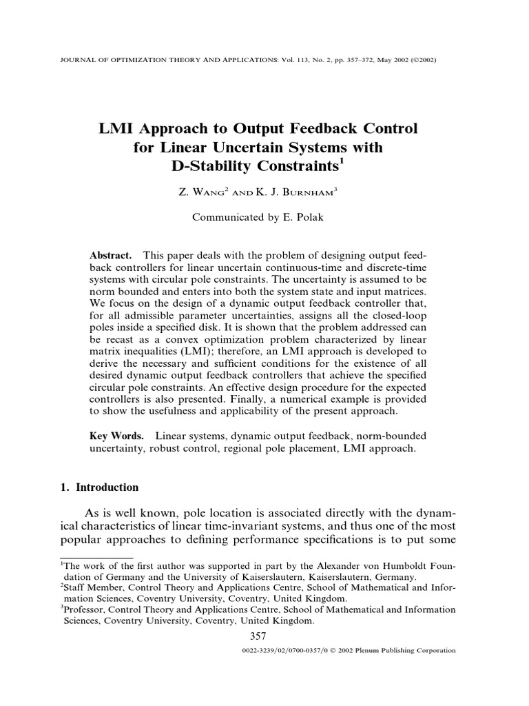 LMI Approach To Output Feedback Control For Linear Uncertain Systems With D-Stability ...