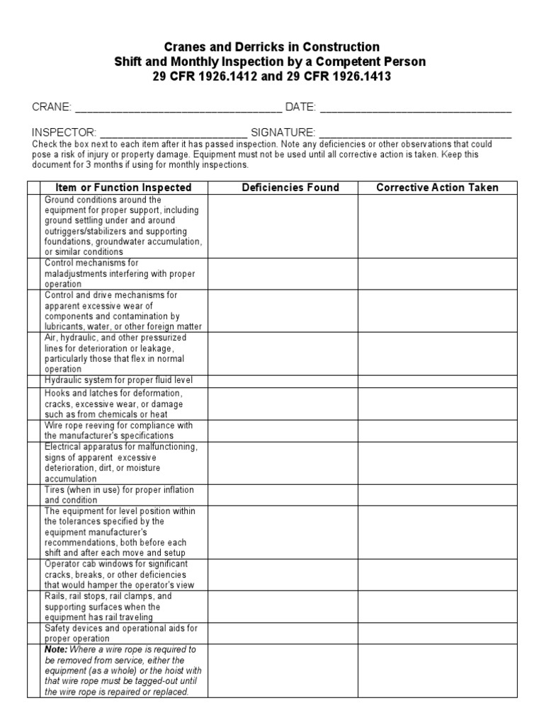 Cranes and Derricks in Construction Shift and Monthly Inspection ...