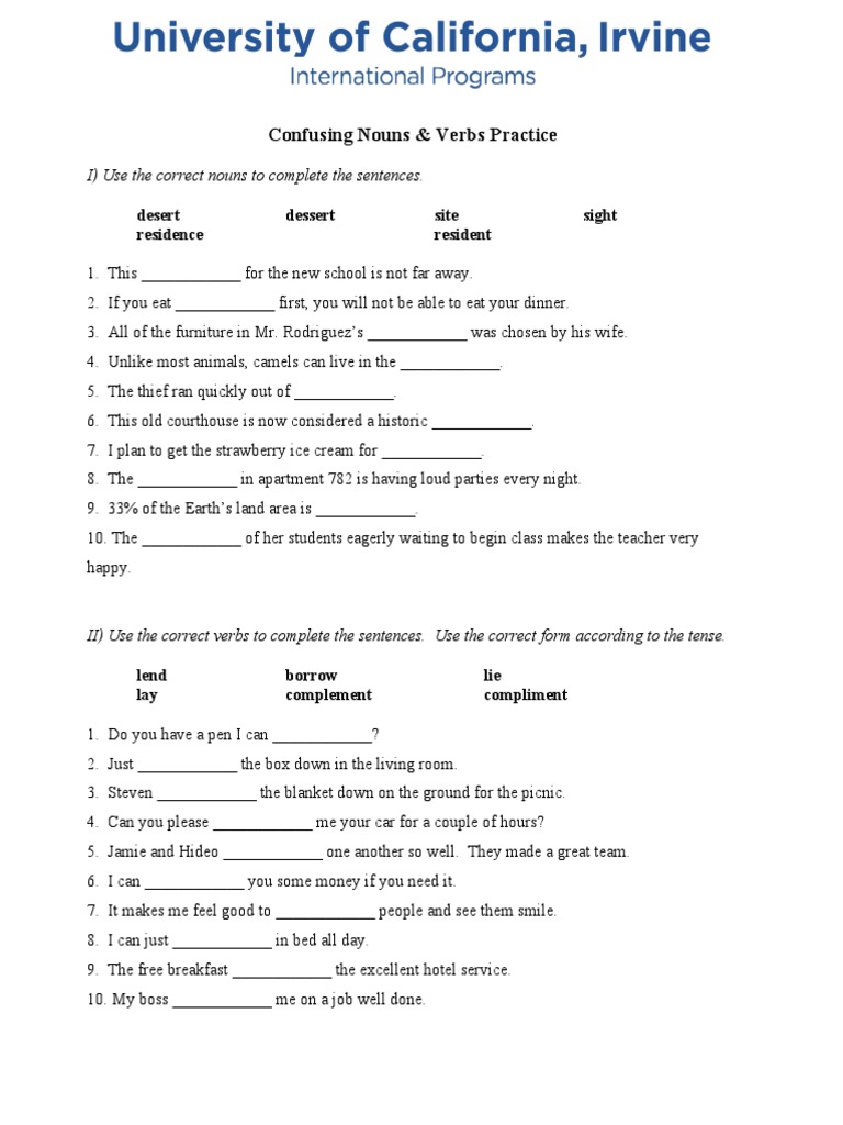 Confusing Nouns & Verbs Practice: Desert Dessert Site Sight Residence ...