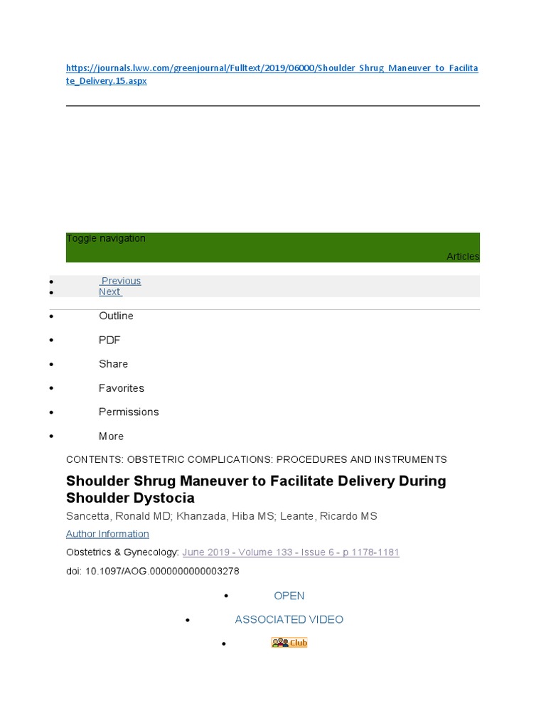 Shoulder Shrug Maneuver To Facilitate Delivery During Shoulder Dystocia ...