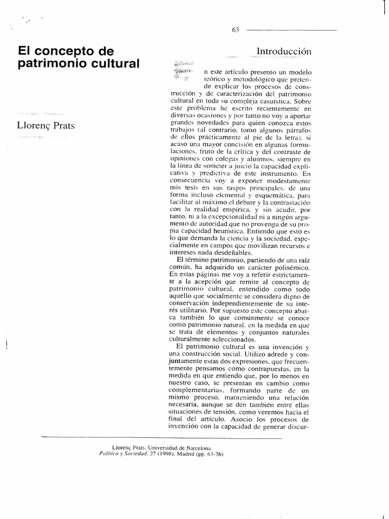 Prats El Concepto de Patrimonio Cultural PDF | PDF
